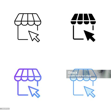 편집 가능한 스트로크가있는 네 가지 스타일의 온라인 스토어 아이콘 디자인 선 솔리드 플랫 라인 및 컬러 그라디언트 라인 웹