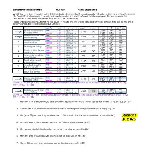 Ua Stat Quiz 25 Stats Quiz 25 Elementary Statistical Methods Quiz