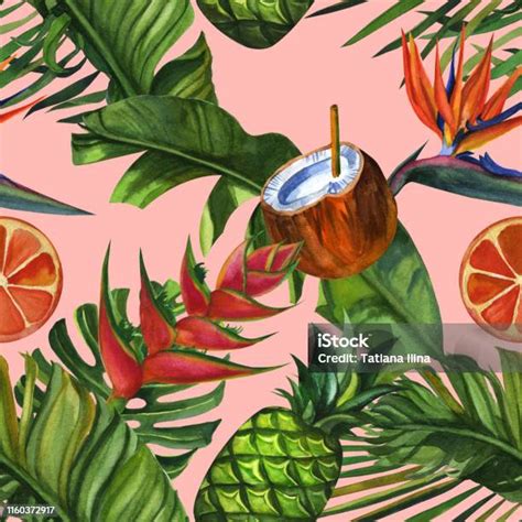 열대 야자수 잎 바나나 파인애플 음료 파티와 꽃 수채화 패턴 원활한 패턴 0명에 대한 스톡 벡터 아트 및 기타 이미지 0명