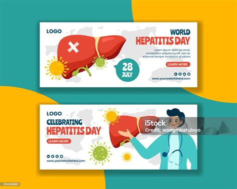 Hari Hepatitis Horisontal Banner Datar Kartun Tangan Gambar Template