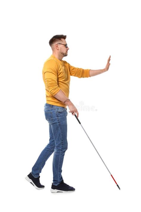 Blind Man In Dark Glasses With Walking Cane On White Stock Image