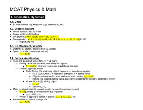 Mcat Physics Kinematics Dynamics 1 Units Si Units Meters M