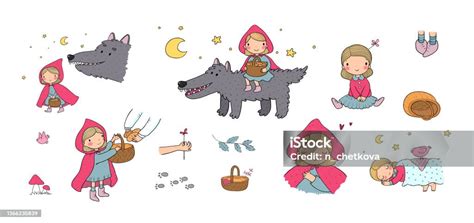 리틀 레드 라이딩 후드 동화 작은 귀여운 소녀와 큰 늑대 흰색 배경에 격리된 개체를 손으로 그립니다 벡터 귀여운에 대한 스톡 벡터 아트 및 기타 이미지 Istock