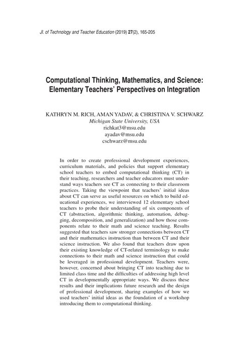 Pdf Computational Thinking Mathematics And Science Elementary Teachers Perspectives On