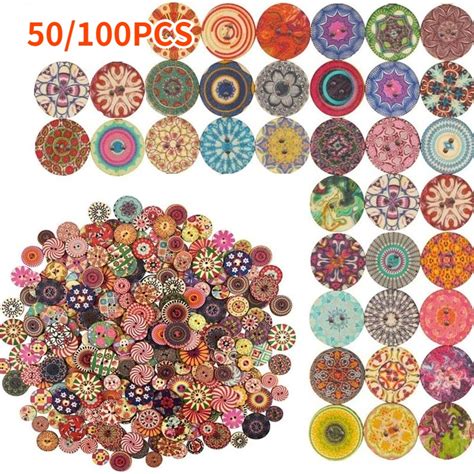 50 100 Pcs Round Assorted Floral Printed Wooden Decorative Buttons 2