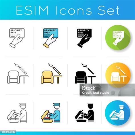 공항 터미널 아이콘 설정 항공편우선권 연기는 항공기에 있습니다 경비원 확인 수하물 구걸 검사 선형 검정 색 및 Rgb 색상 스타일 격리된 벡터 그림 가방에 대한 스톡 벡터