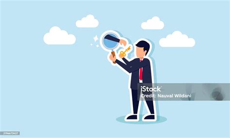 한 사업가가 돋보기로 불이 켜진 램프를 관찰하지만 유리에서 손이 나타나 열쇠를 잡으려고 하는데 이는 비즈니스 솔루션을 분석하고 찾는 데 방해 공작을 보여주는 예입니다 개념에