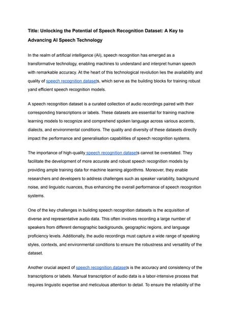 Speech Recognition Datasets A Cornerstone For Innovation Pdf