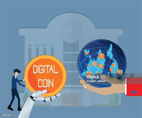 비즈니스 금융의 평면 디자인 젊은 남자와 큰 로봇 손 큰 손에 세계와 디지털 동전을 교환 벡터 경제적 자유에 대한 스톡 벡터