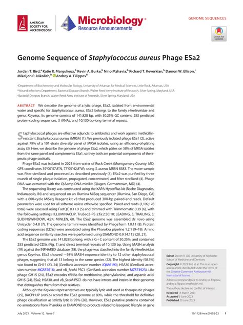 Pdf Genome Sequence Of Staphylococcus Aureus Phage Esa2