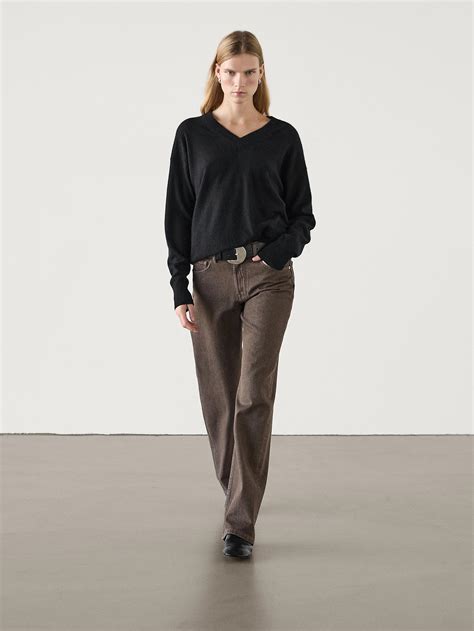 100 캐시미어 니트 V넥 스웨터 · 블랙 그레이 · 스웨터와 가디건 Massimo Dutti