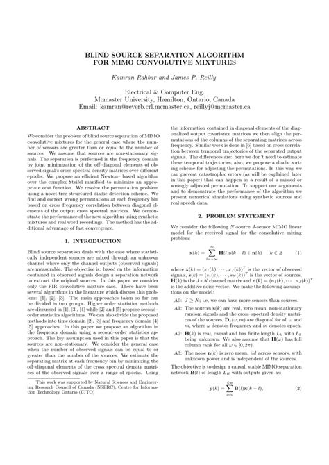 Pdf Blind Source Separation Algorithm For Mimo Convolutive Mixtures