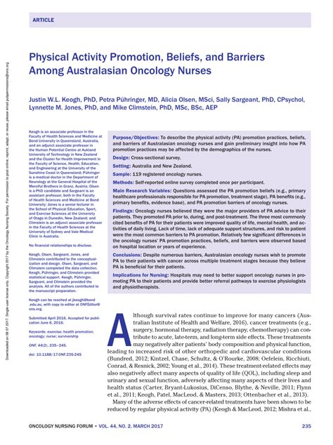 Pdf Physical Activity Promotion Beliefs And Barriers Among Australasian Oncology Nurses