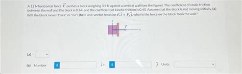 Solved A 12 N Horizontal Force F Pushes A Block Weighing 3 9