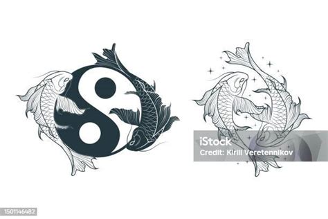 음양 잉어 물고기 조화와 균형의 상징 티셔츠 문신 지문 및 스티커를 위한 일본 예술 손으로 그린 벡터 그림은 흰색 배경에 분리되어 있다 비단잉어에 대한 스톡 벡터 아트 및
