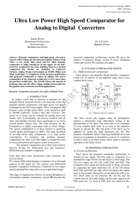Pdf Ijert Ultra Low Power High Speed Comparator For Analog To Digital Converters
