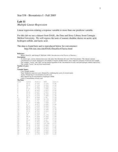 Stat 538 Biostatistics I Fall 2005 Lab 11 Multiple Linear Regression
