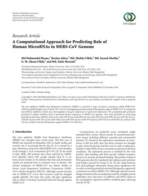 Pdf A Computational Approach For Predicting Role Of Human Micrornas In Mers Cov Genome