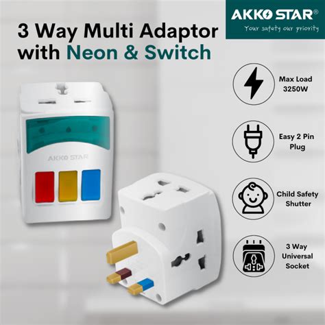13a 3 Way Multi Adaptor Socket With Switch And Neon Wall Plug Extension With Sirim [ Ready