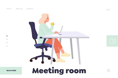 노트북에서 작업하는 젊은 여성 직원이 있는 회의실 온라인 서비스 랜딩 페이지 디자인 템플릿 가상현실에 대한 스톡 벡터 아트 및 기타 이미지 가상현실 가정의 방 거리가
