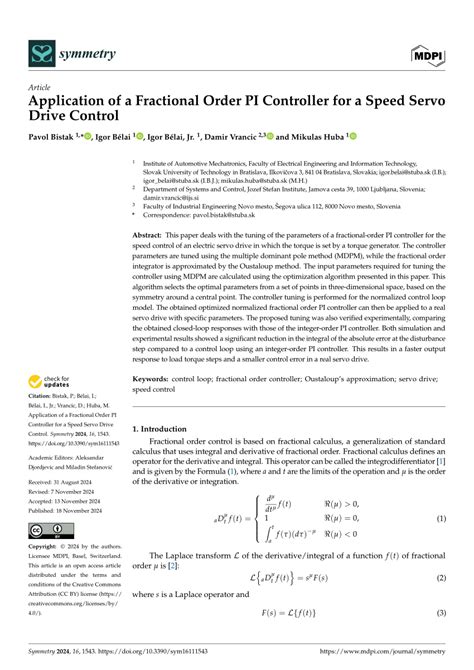 Pdf Application Of A Fractional Order Pi Controller For A Speed Servo