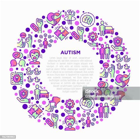 원 증상 및 적응 기술 얇은 라인 아이콘에 자폐증 개념 반복적인 행동 고정 관념 위험을 무시 자동 침략 히스테리 사회적 상호 작용 현대 벡터 그림입니다 교육에 대한 스톡