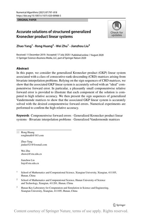Accurate Solutions Of Structured Generalized Kronecker Product Linear Systems Request Pdf