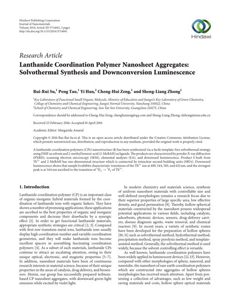 Pdf Lanthanide Coordination Polymer Nanosheet Aggregates Solvothermal Synthesis And