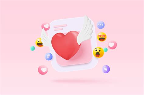 3d 소셜 미디어 온라인 플랫폼 개념 응용 프로그램에 대한 온라인 소셜 커뮤니케이션 마음과 사랑 이모티콘 아이콘이있는 사진