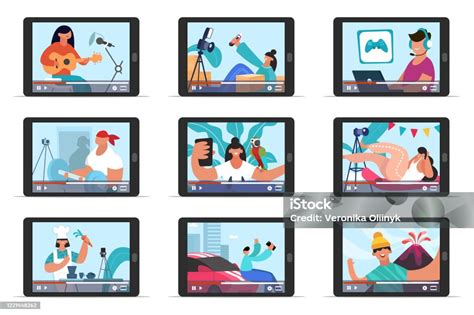 비디오 블로거 온라인 스트리밍 소셜 미디어 콘텐츠 제작자 동영상 블로거 리뷰 교육 피트니스 요리 비디오 가이드 벡터 일러스트 세트 Live Event에 대한 스톡 벡터 아트