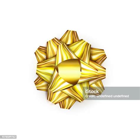 흰색 배경에 고립 된 리본으로 현실적인 골드 선물 활 크리스마스 새 해 인사 카드 광고 포스터 또는 배너에 대 한 황금 기호입니다 3차원 형태에 대한 스톡 벡터 아트 및