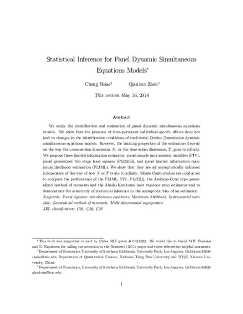 Pdf Statistical Inference For Panel Dynamic Simultaneous Equations Models