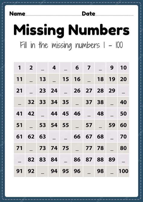 Premium Vector Maths Worksheet For Nursery Missing Numbers 1 To 100