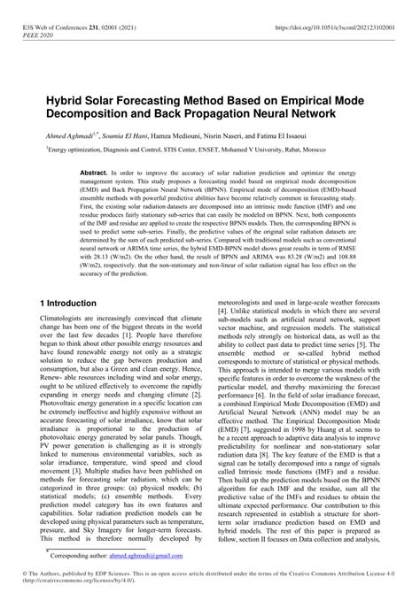 Pdf Hybrid Solar Forecasting Method Based On Empirical Mode Decomposition And Back Propagation
