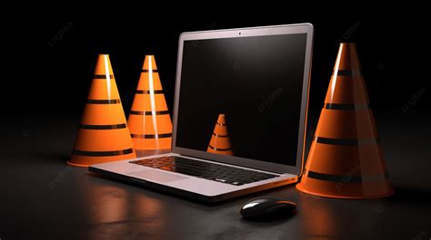 노트북 컴퓨터가 주황색 원뿔 앞에 앉아 있습니다 트래픽 콘이 있는 3d 렌더링 노트북 3d 렌더링된 그림 고화질 사진 사진 배경 일러스트 및 사진 무료 다운로드