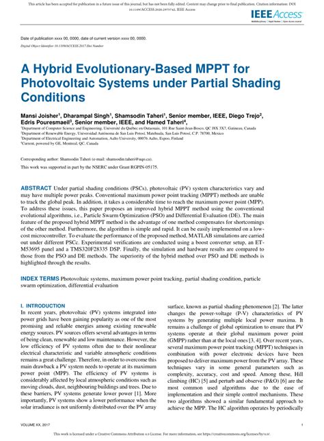Pdf A Hybrid Evolutionary Based Mppt For Photovoltaic Systems Under Partial Shading Conditions