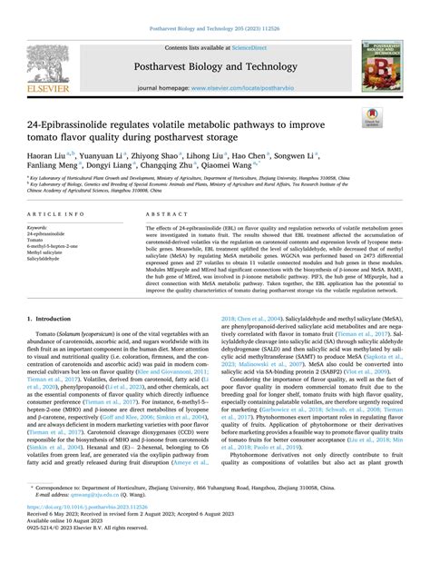 Pdf 24 Epibrassinolide Regulates Volatile Metabolic Pathways To Improve Tomato Flavor Quality