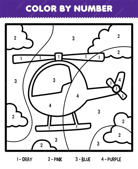 귀여운 만화 헬리콥터 라인 아트 인쇄 가능한 운송 워크시트의 수에 따라 어린이 색상을 위한 교육 게임 프리미엄 벡터