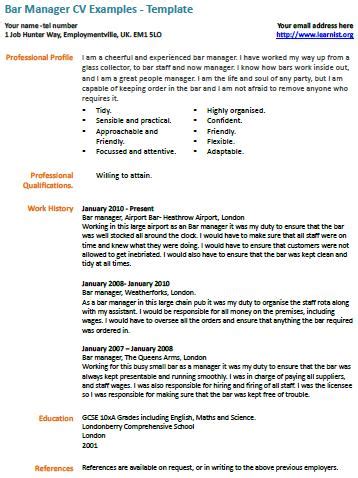 Bar Manager CV Example Learnist Org