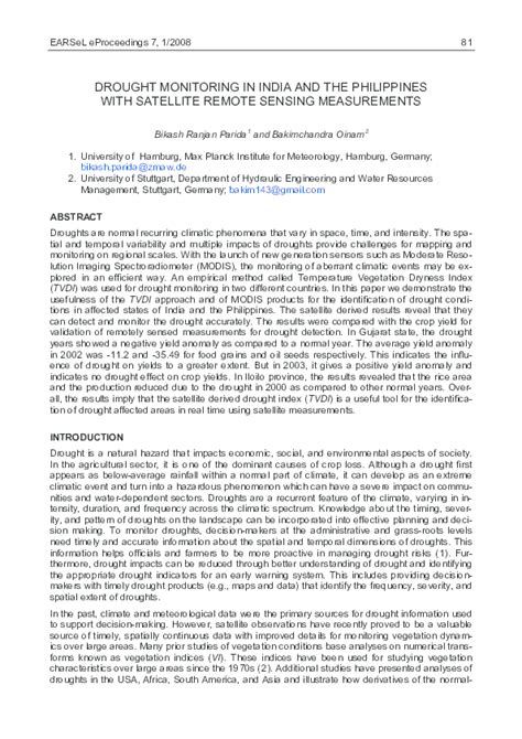 Pdf Drought Monitoring In India And The Philippines With Satellite Remote Sensing Measurements