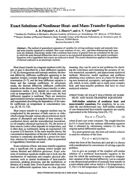 Pdf Exact Solutions Of Nonlinear Heat And Mass Transfer Equations
