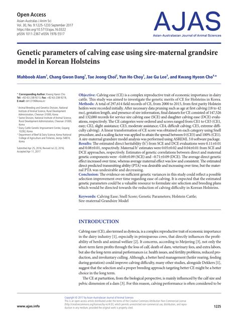 Pdf Genetic Parameters Of Calving Ease Using Sire Maternal Grandsire Model In Korean Holsteins