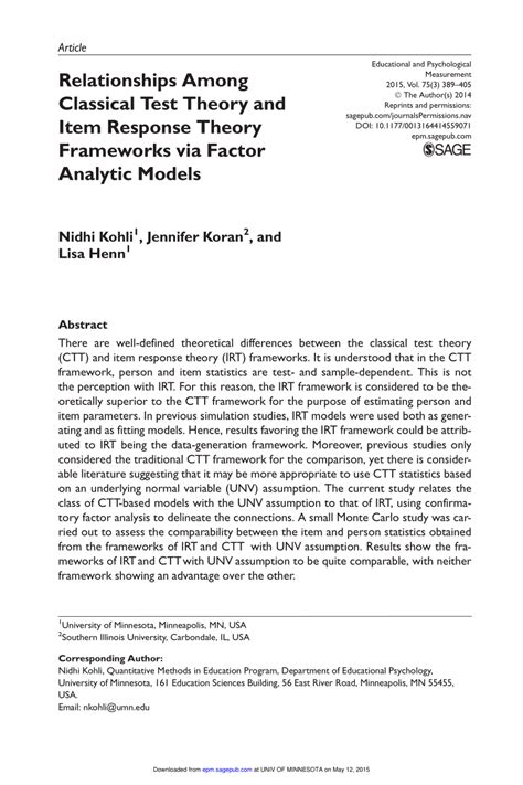 Pdf Relationships Among Classical Test Theory And Item Response Theory Frameworks Via Factor