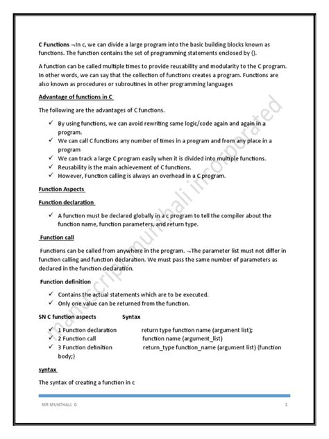 C Functions In C We Can Divide A Large Program Into The Basic Building