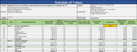 project schedule of values template for construction and engineering