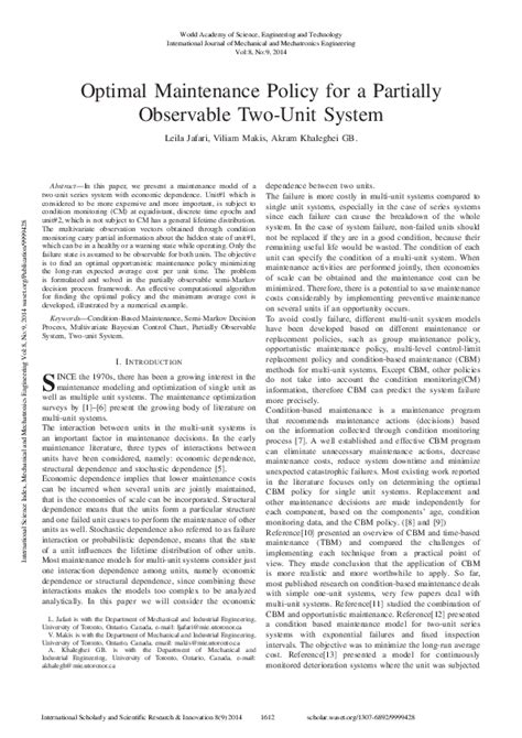 Pdf Optimal Maintenance Policy For A Partially Observable Two Unit System