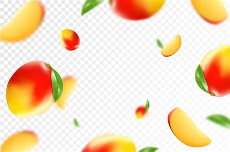 망고 배경 녹색 잎과 망고 과일 조각이 있는 플라잉 망고 흐릿한 효과 벽지 배너 포스터 인쇄 직물 포장지 현실적인 3d 벡터 그림에 사용할 수 있습니다 프리미엄 벡터