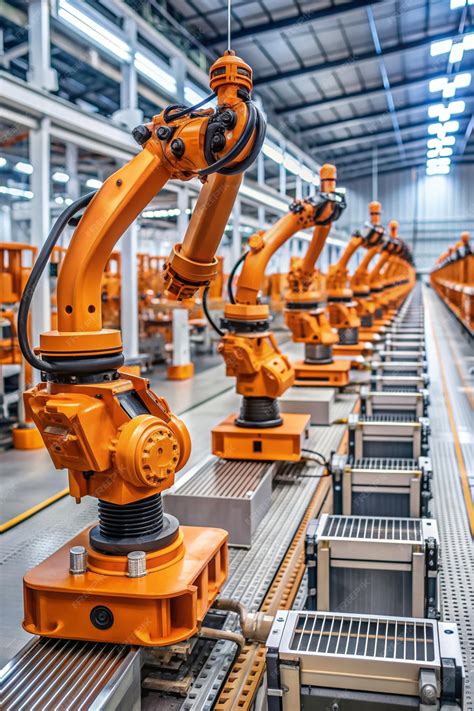 Advanced Orange Industrial Robot Arms Assemble Ev Battery Pack On Automated Production Line Row