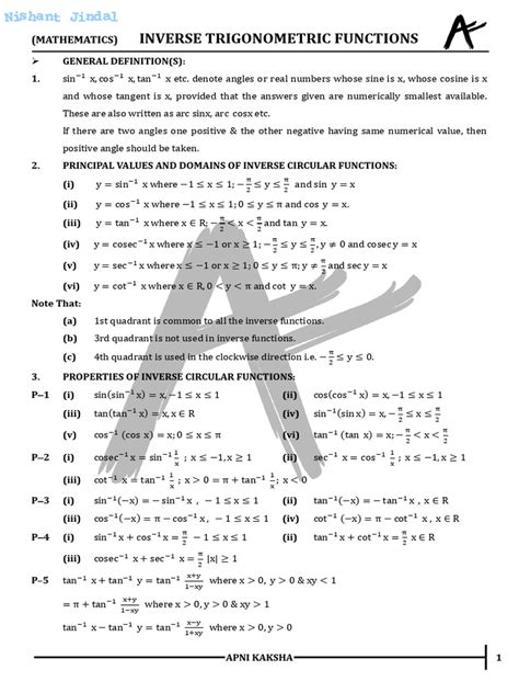 Sheet 01 Inverse Trignometric Function Nj 247 Pdf Trigonometric Functions Function