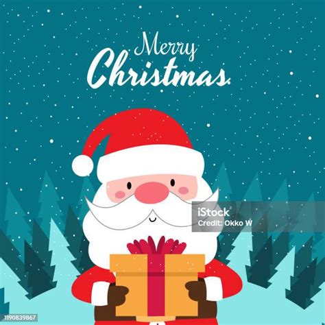 귀여운 가와이이 손으로 메리 크리스마스 웃고 재미있는 얼굴과 선물 상자를 들고 산타 클로스 를 그린 만화 벡터 문자 그림 플랫 디자인 배경 인사말 초대 엽서 배너 Eps